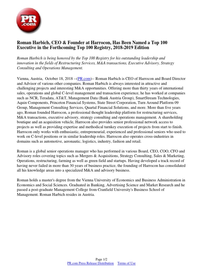 Roman Harbich Named Top 100 Executive | PDF | Mergers And Acquisitions ...