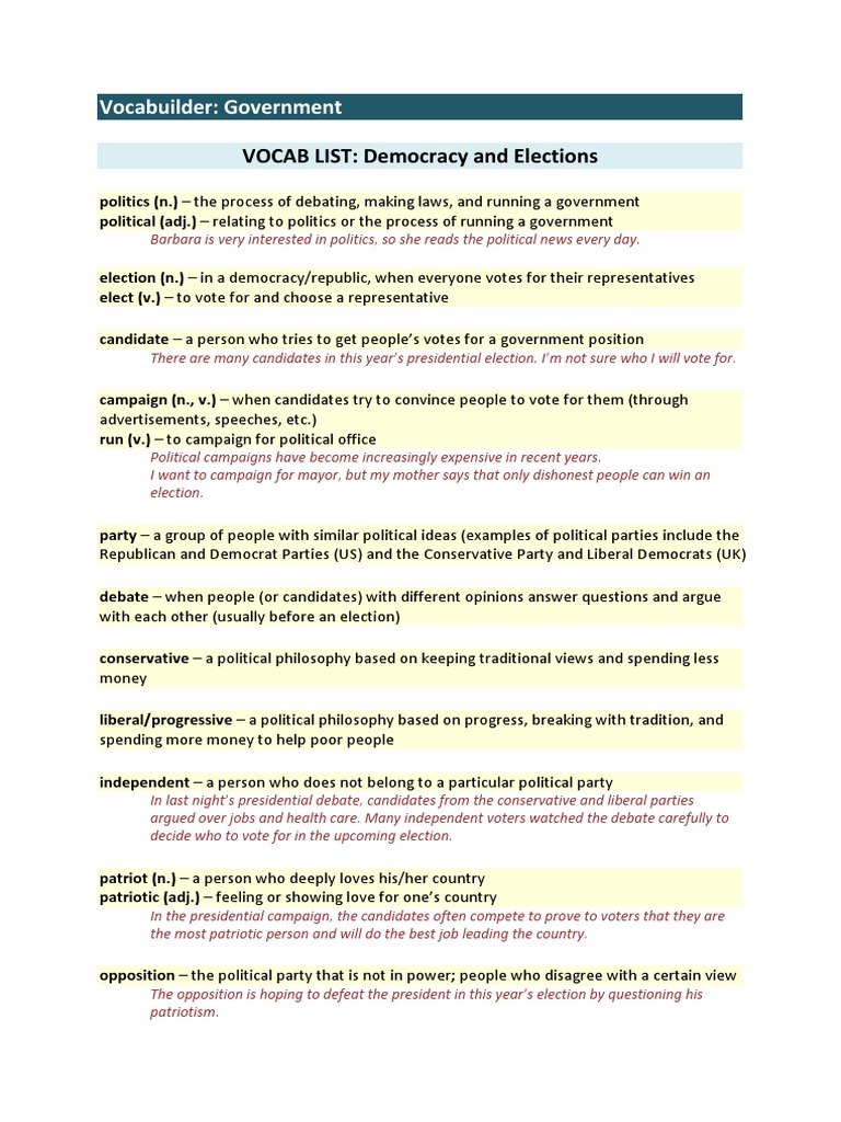 Vocabuilder: Government: VOCAB LIST: Democracy and Elections | PDF ...