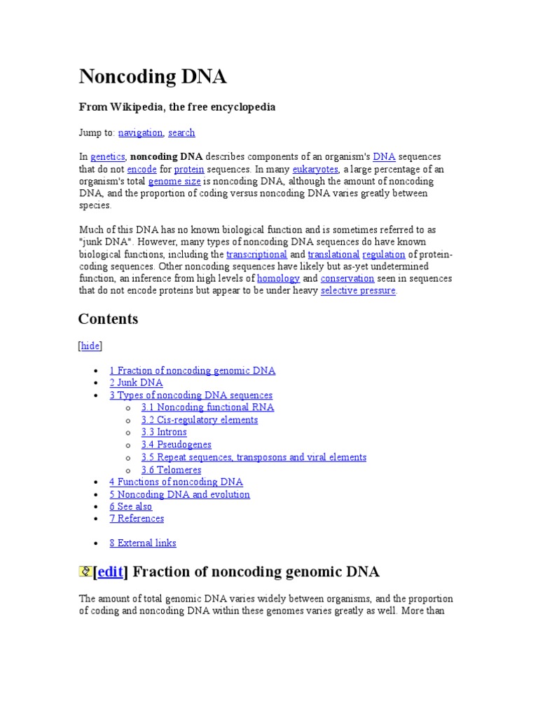 Noncoding DNA: From Wikipedia, The Free Encyclopedia | PDF | Gene | Intron