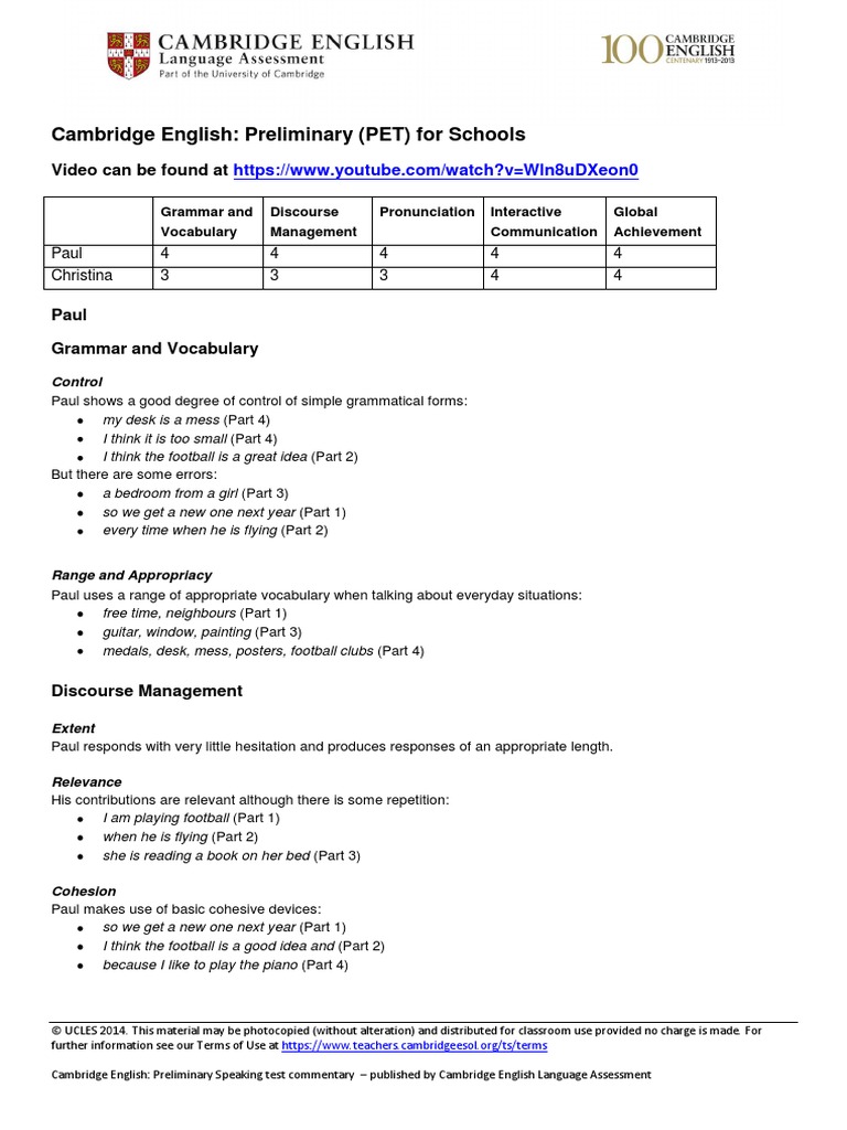 Preliminary (PET) For Schools Speaking Test Video | PDF | Stress ...