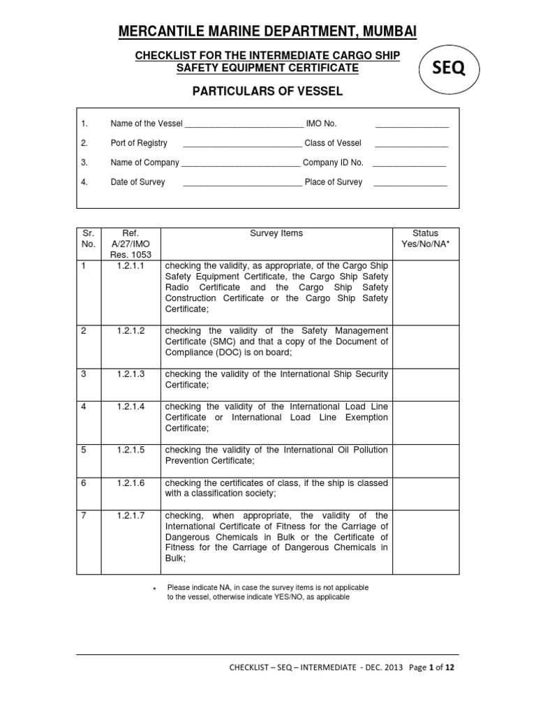 Checklist for the Intermediate Cargo Ship Safety Equipment Certificate ...