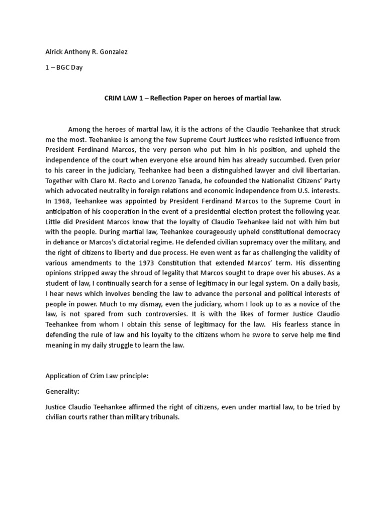 CRIM LAW 1 - Reflection Paper On Heroes of Martial Law | PDF