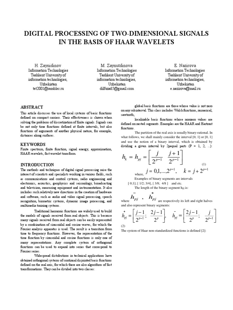Digital Processing of Two-Dimensional Signals in The Basis of Haar ...