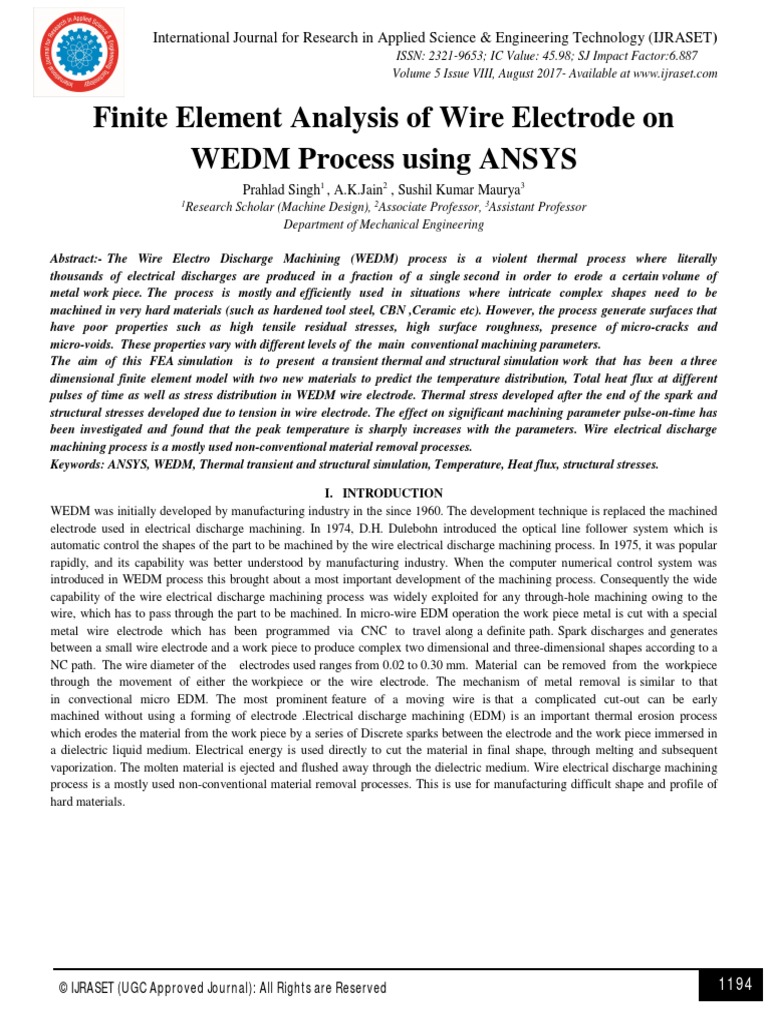Finite Element Analysis of Wire Electrode On WEDM Process Using ANSYS | PDF | Physical Sciences ...
