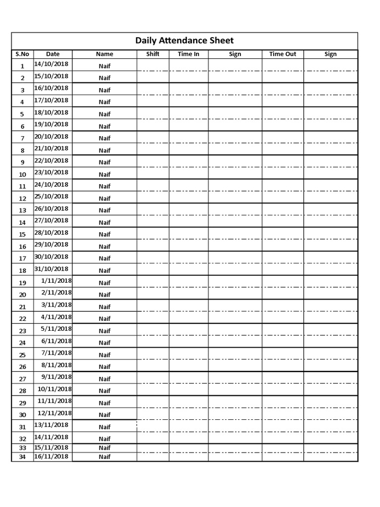 Daily Attendance Sheet: S.No Date Name Shif Time in Sign Time Out Sign ...