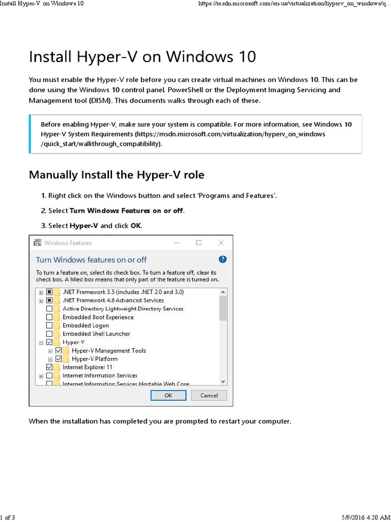 Install Hyper-V On Windows 10 PDF | Download Free PDF | Hyper V | Windows 10
