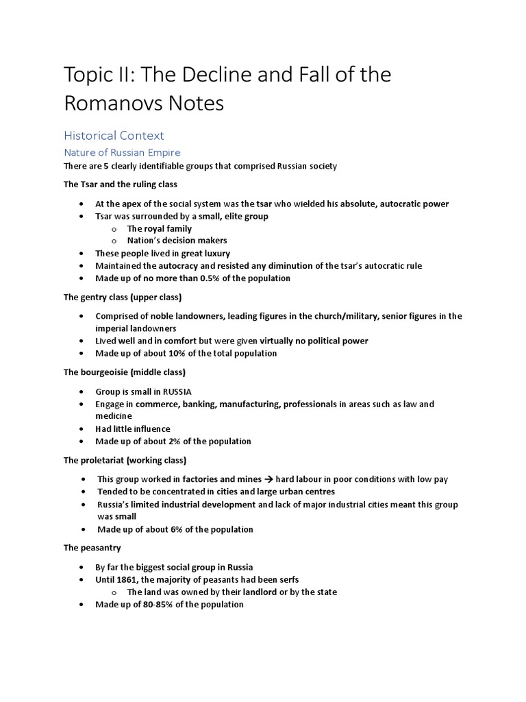 Topic 2 The Decline and Fall of The Romanovs Notes | PDF | Russian ...