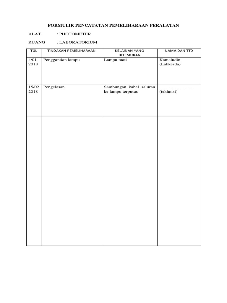 Formulir Pencatatan Pemeliharaan Peralatan | PDF