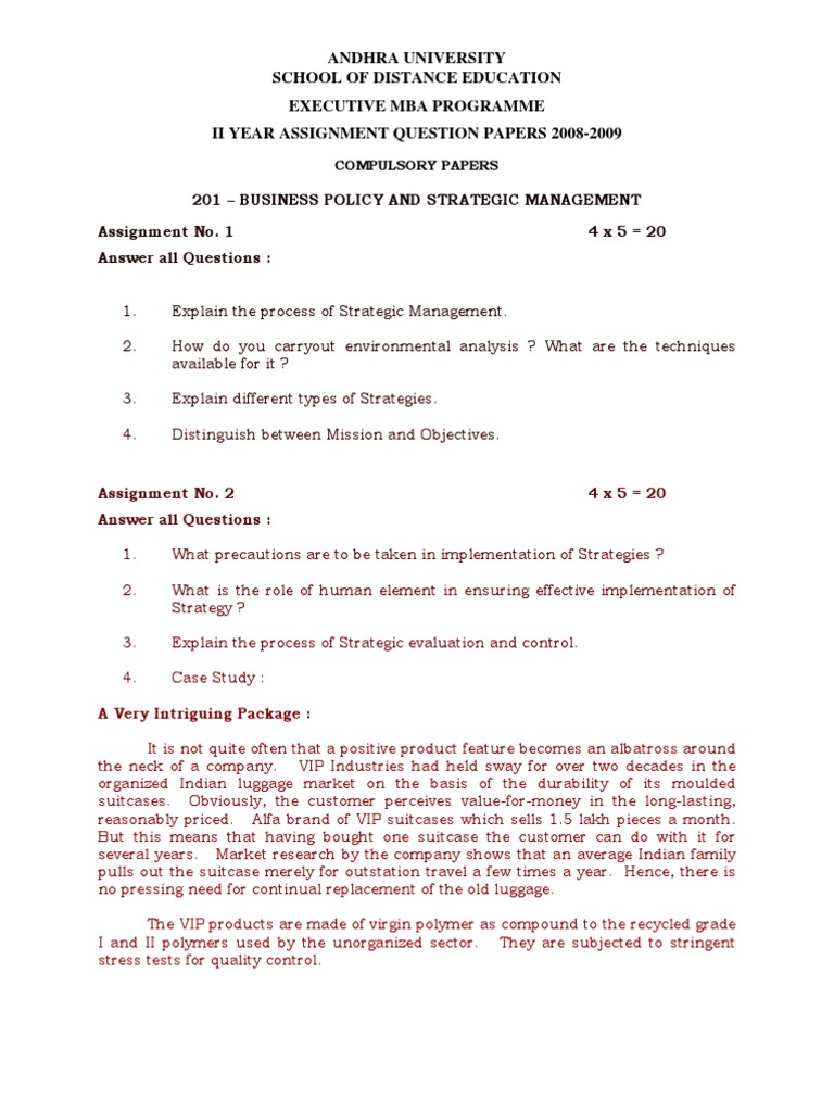 Andhra University School of Distance Education Executive Mba Programme ...