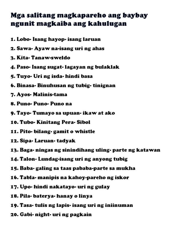 Mga Salitang Magkapareho Ang Baybay Ngunit Magkaiba Ang Kahulugan | PDF