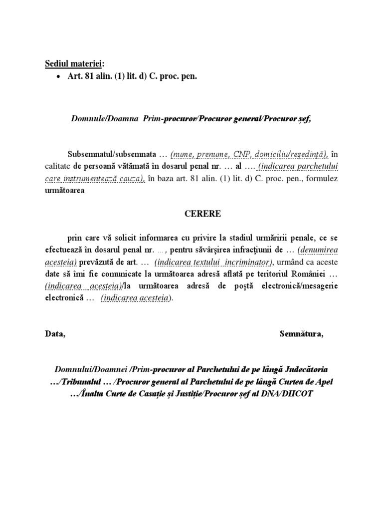 Cerere Stadiu Dosar | PDF