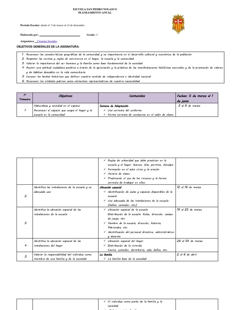 Planeamiento de Ciencias Sociales 1° Grado | PDF | Panamá | Sociedad
