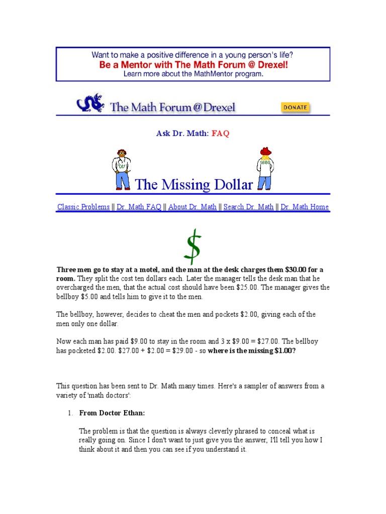The Missing Dollar: Ask Dr. Math | PDF | Mathematics | Numismatics