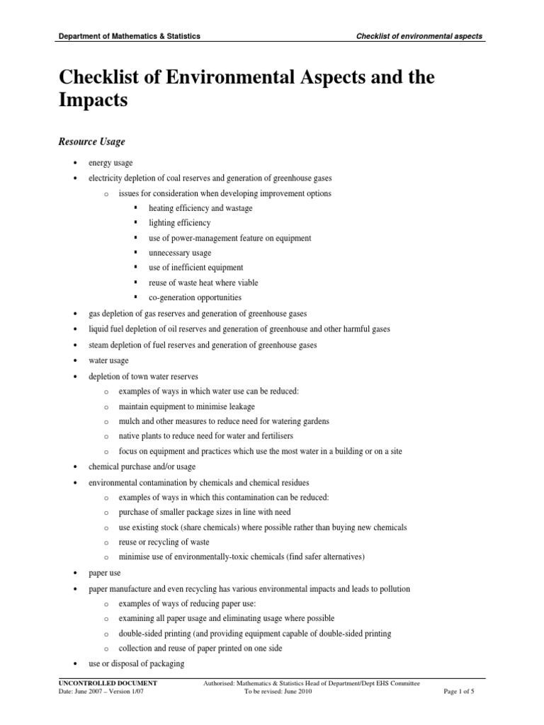 Enviro Aspect Impact Checklist | PDF | Recycling | Waste