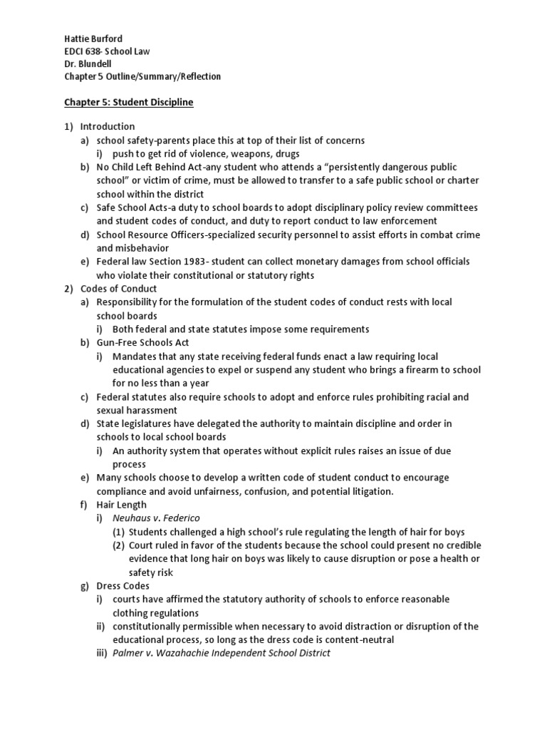 Chapter 5: Student Discipline: Hattie Burford EDCI 638-School Law Dr ...