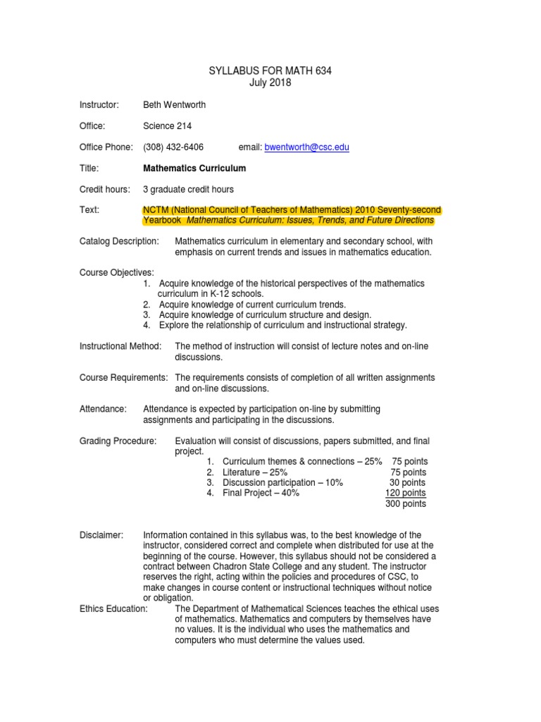 Syllabus | PDF | National Council Of Teachers Of Mathematics | Academic ...