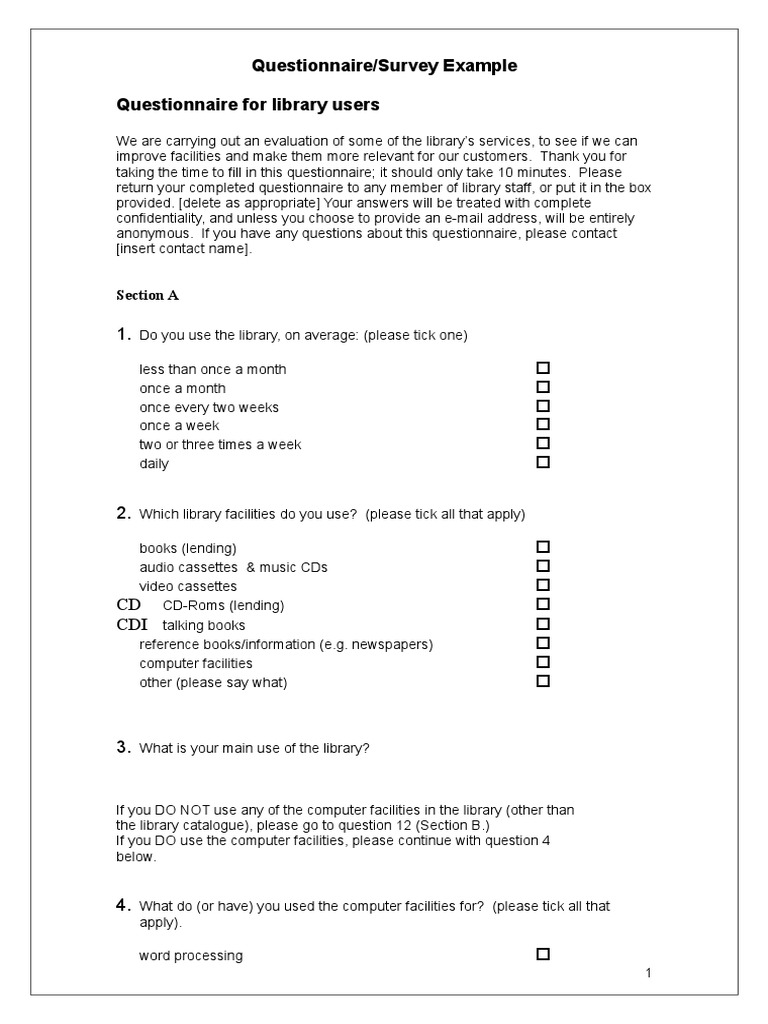 Questionnaire/Survey Example Questionnaire For Library Users | PDF ...