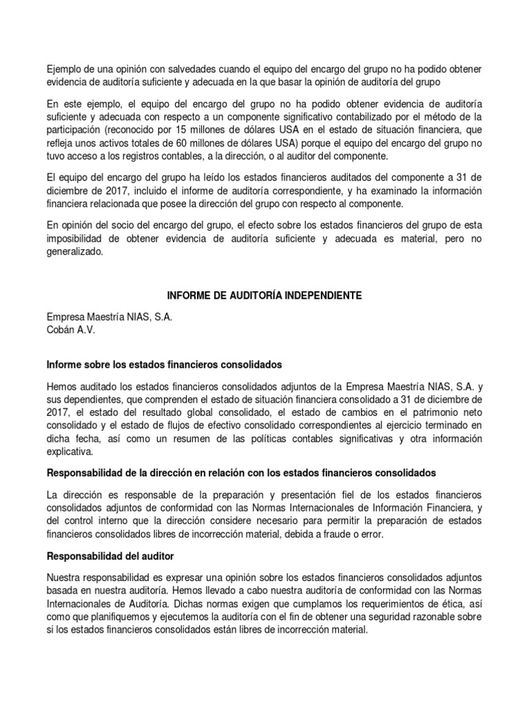 Caso Practico NIA 600 | PDF | Auditoría financiera | Contralor