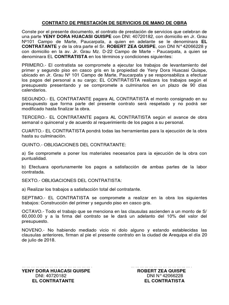 Contrato de Prestación de Servicios de Mano de Obra
