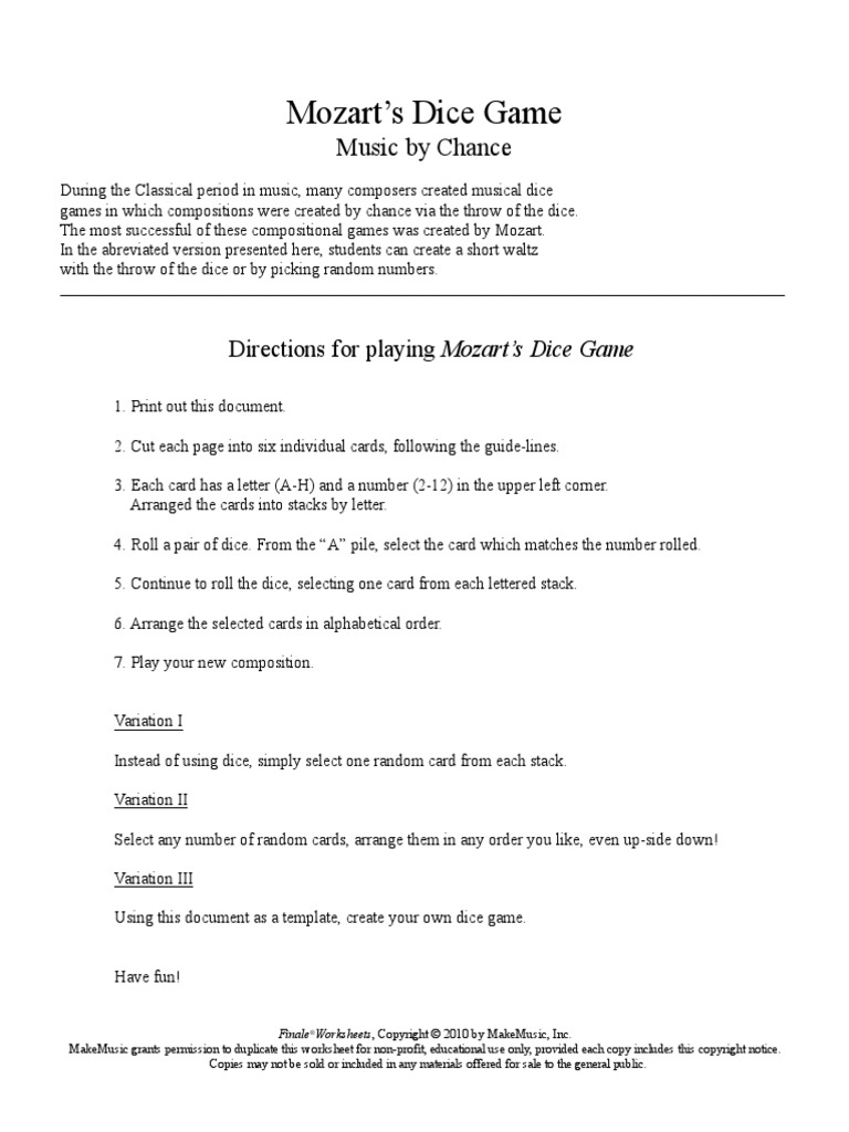 6500 Mozart Dice Game | PDF | Dice | Intellectual Works