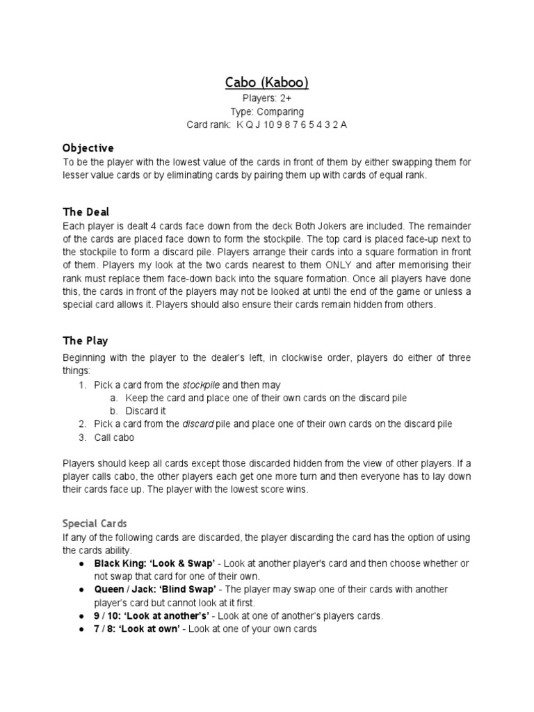 Cabo (Kaboo) Card Game Rules | PDF | Playing Cards | Anglo American ...