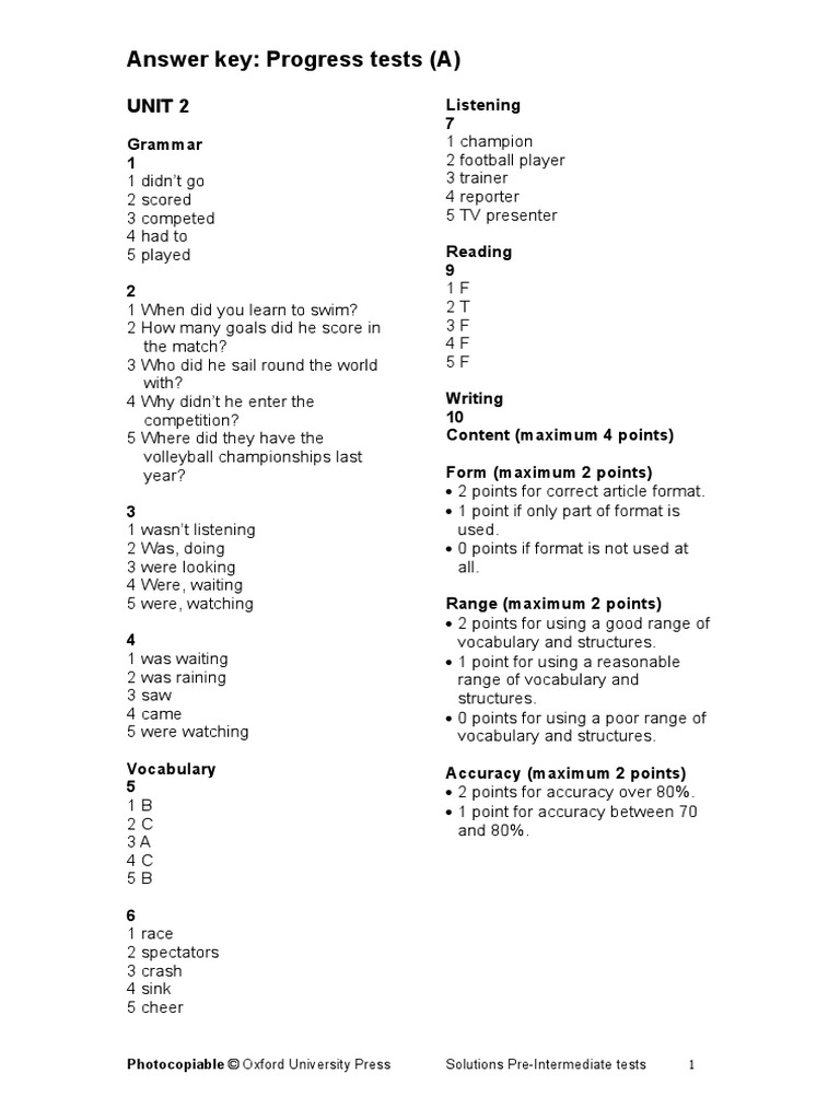 Answer Key: Progress Tests (A) : Unit 2 | PDF