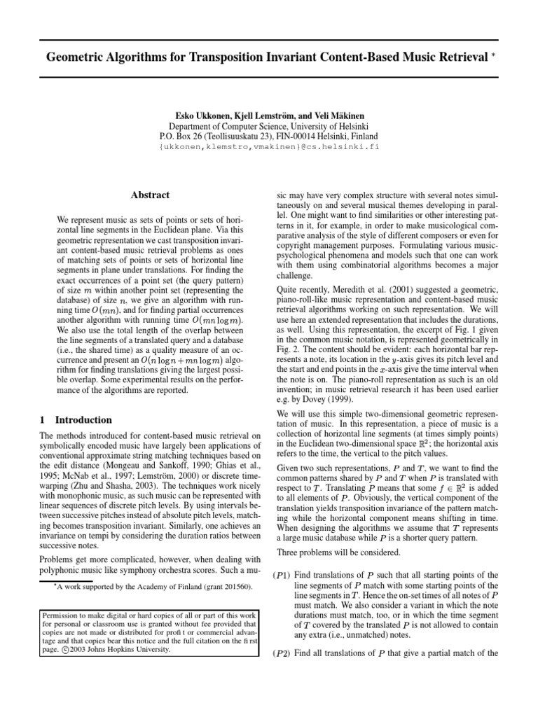 Geometric Algorithms For Transposition Invariant Content-Based Music Retrieval | PDF | Time ...