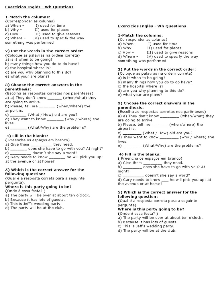 Exercícios Inglês WH Questions | PDF
