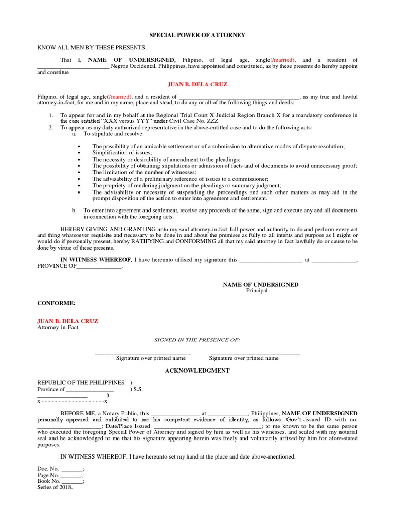 SPA - Sample Case Representation | PDF | Power Of Attorney | Signature