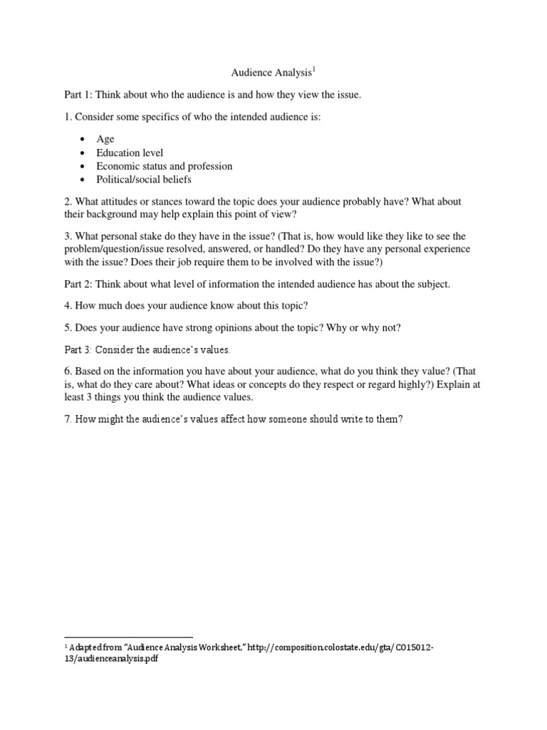 Adapted From "Audience Analysis Worksheet," Http://composition ...