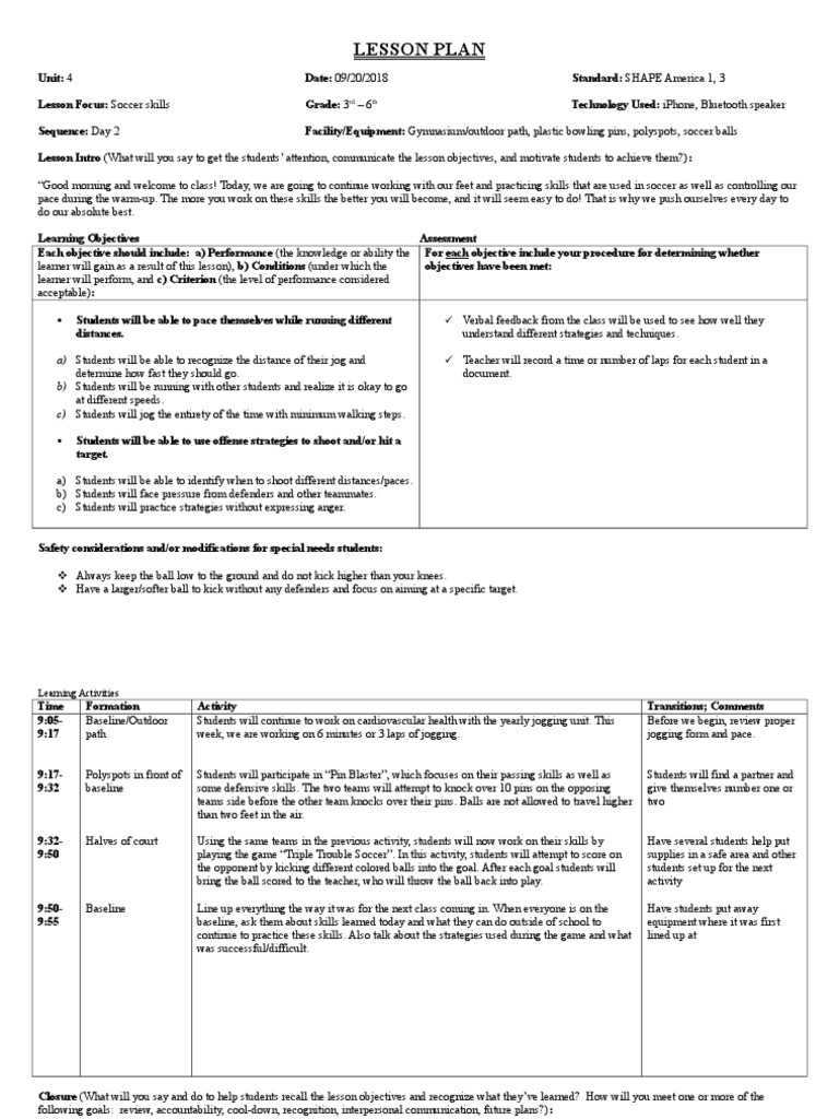 Lesson Plan: RD TH | PDF | Defender (Association Football) | Lesson Plan