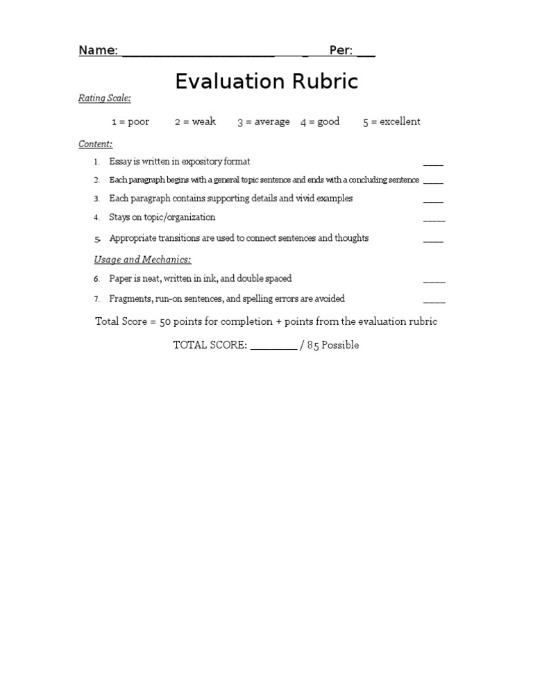 Expository Essay Evaluation Rubric | PDF