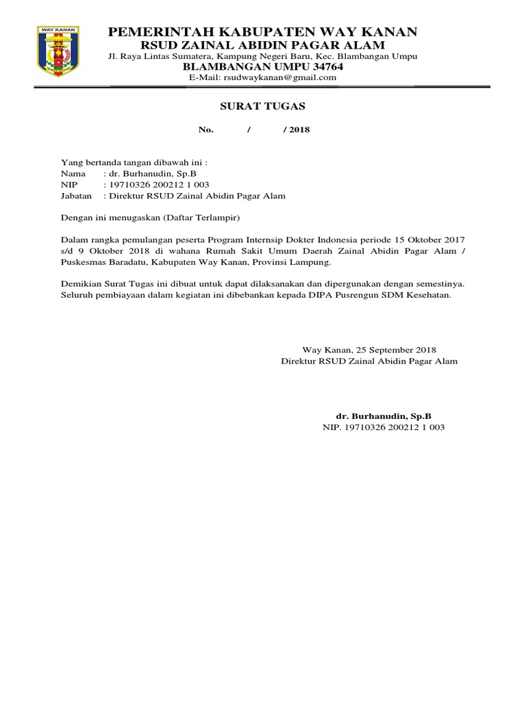 Surat Tugas Internsip RSUD Way Kanan | PDF | Kesehatan Holistik