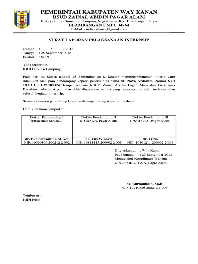 Surat Laporan Pelaksanaan Internsip (SLPI) WK | PDF