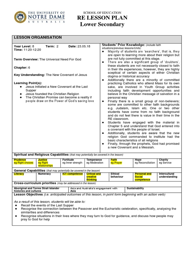 Re Year 8 Lesson Plan Updated | PDF | Last Supper | Eucharist