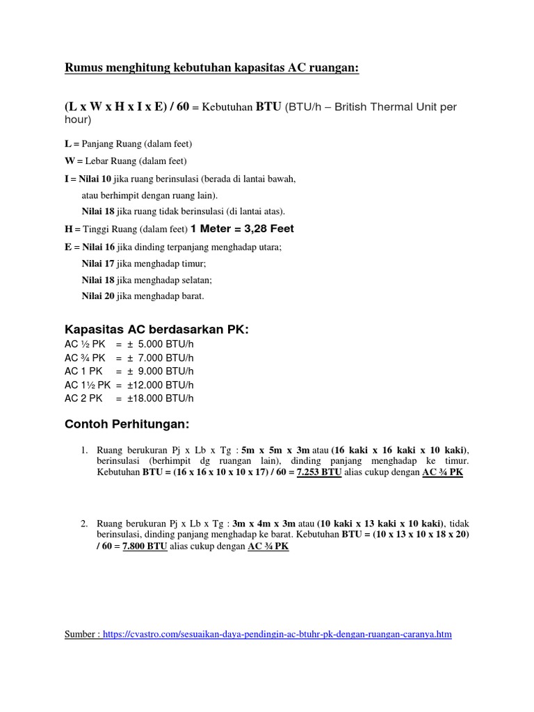 Rumus Menghitung Kebutuhan Kapasitas AC Ruangan | PDF