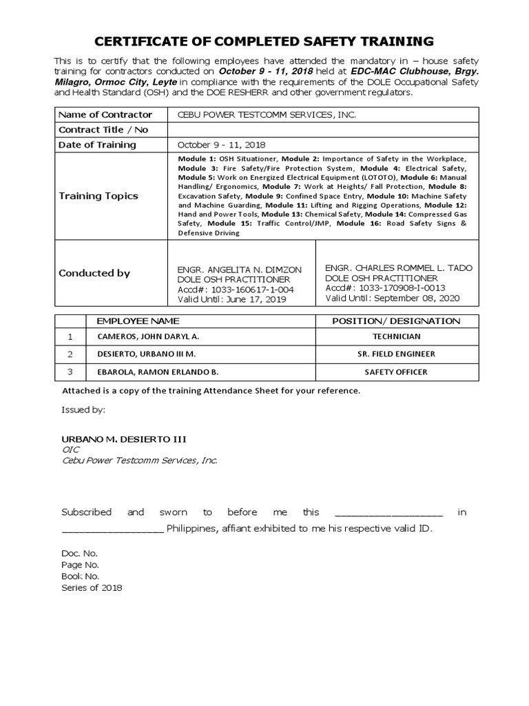 Certificate of Completed Safety Training | PDF | Occupational Safety ...