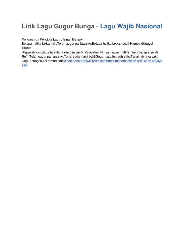 Lirik Lagu Gugur Bunga Nasional | PDF