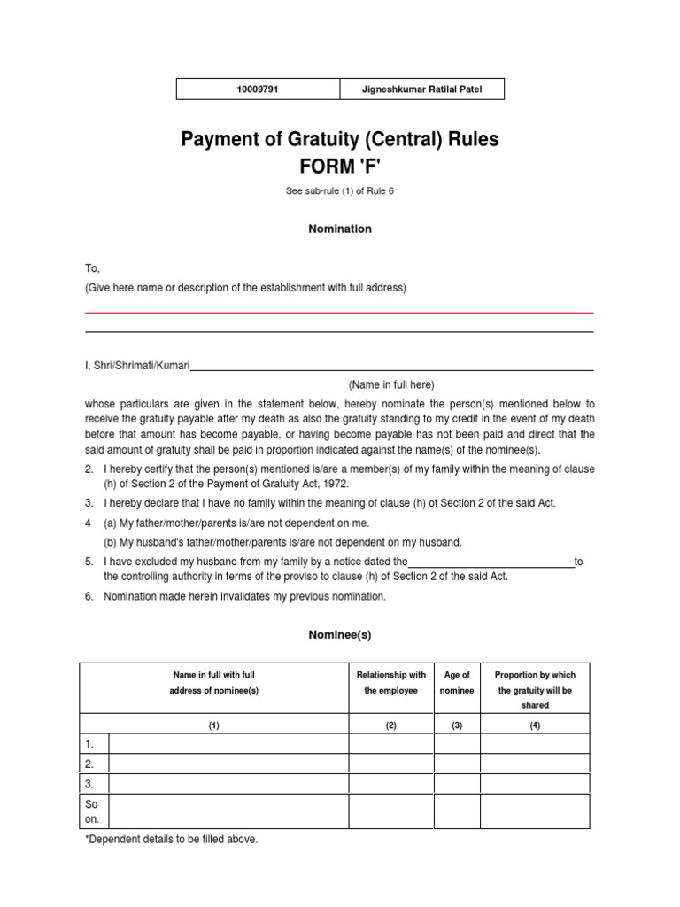 Gratuity Nomination Form Sample | PDF | Gratuity | Justice