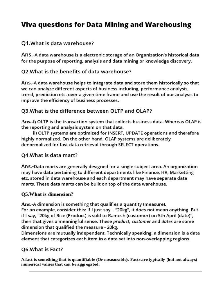 Viva Questions For Data Mining and Warehousing: Q1. Ans. | PDF | Data ...
