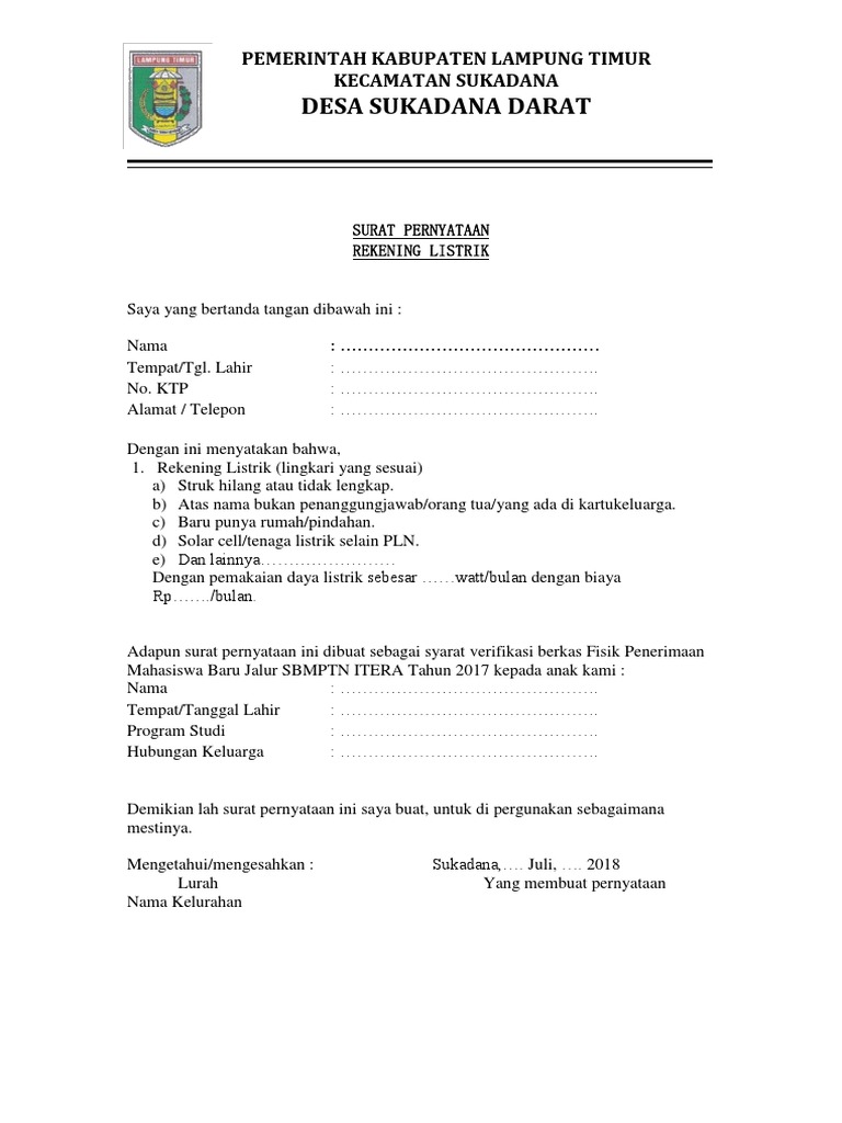 Surat Pernyataan Rekening Listrik | PDF