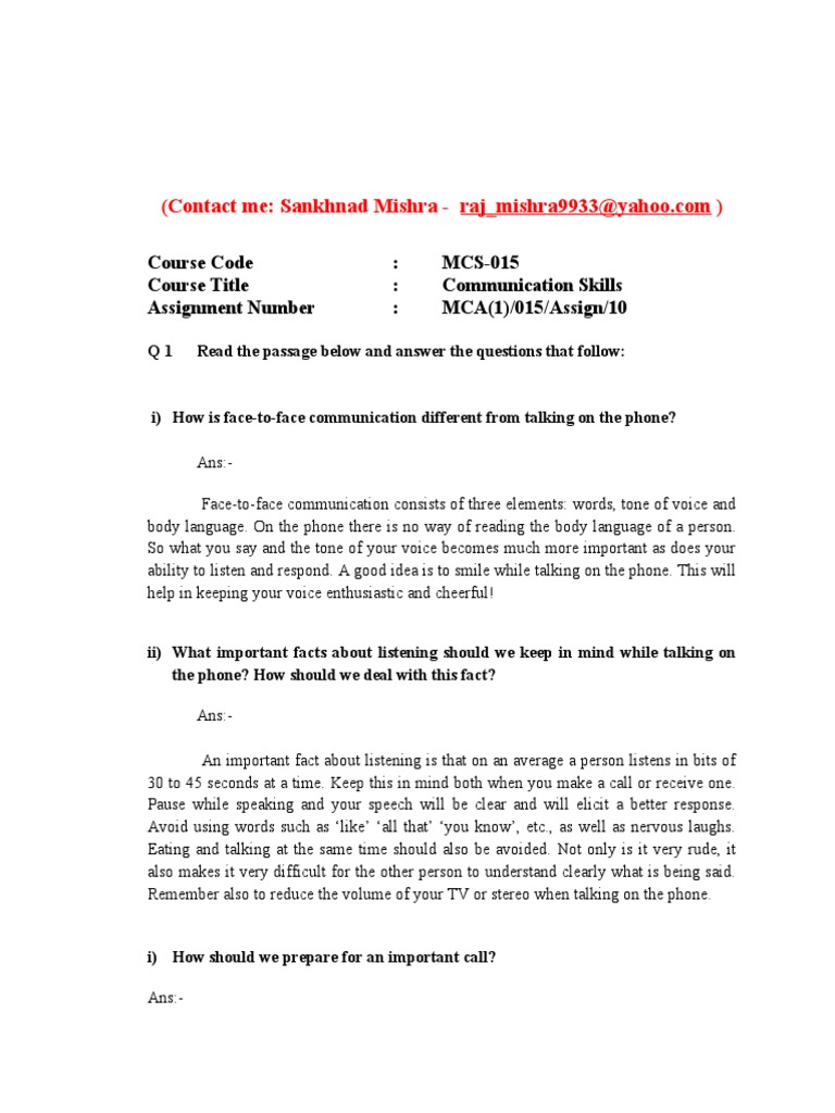 Course Code: MCS-015 Course Title: Communication Skills Assignment Number: MCA (1) /015/assign ...