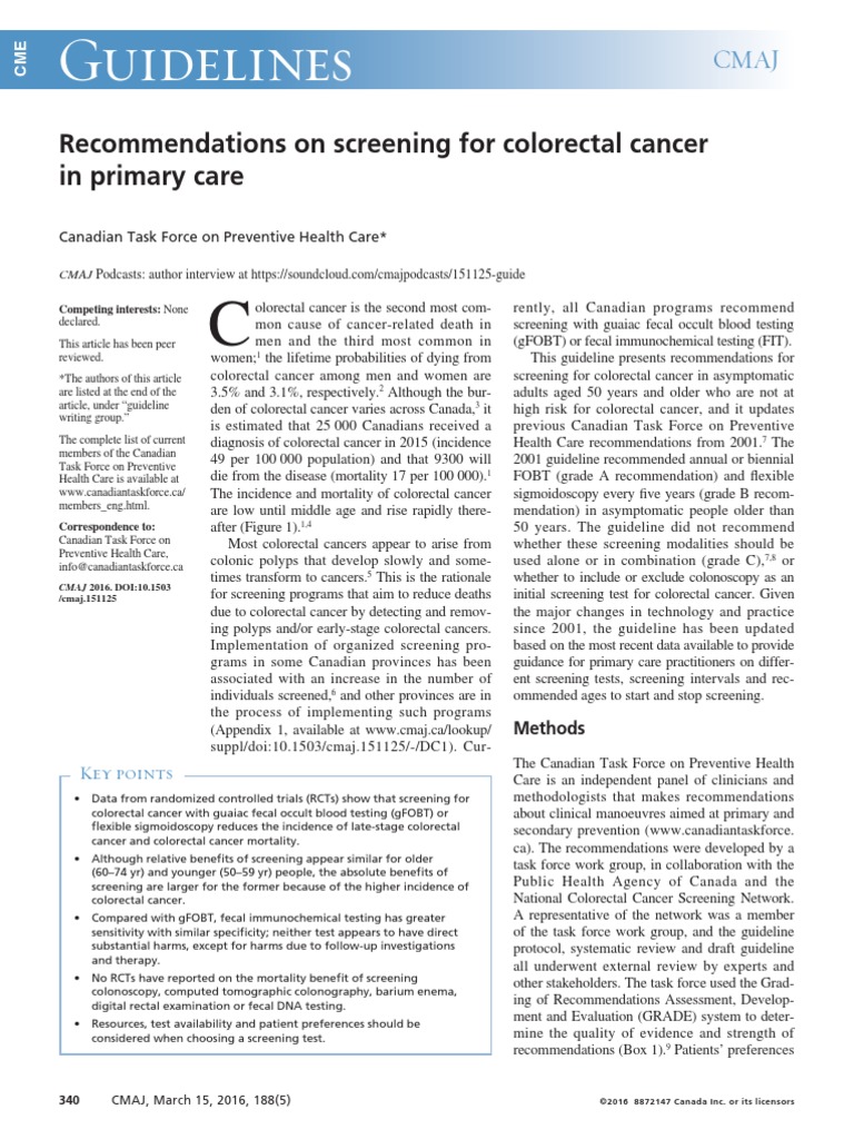 Guidelines: Recommendations On Screening For Colorectal Cancer in ...