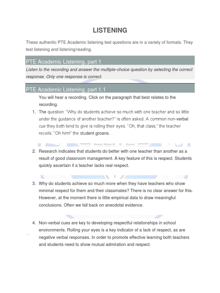PTE Academic Listening, Part 1 - Free Practice | PDF | Multiple Choice ...