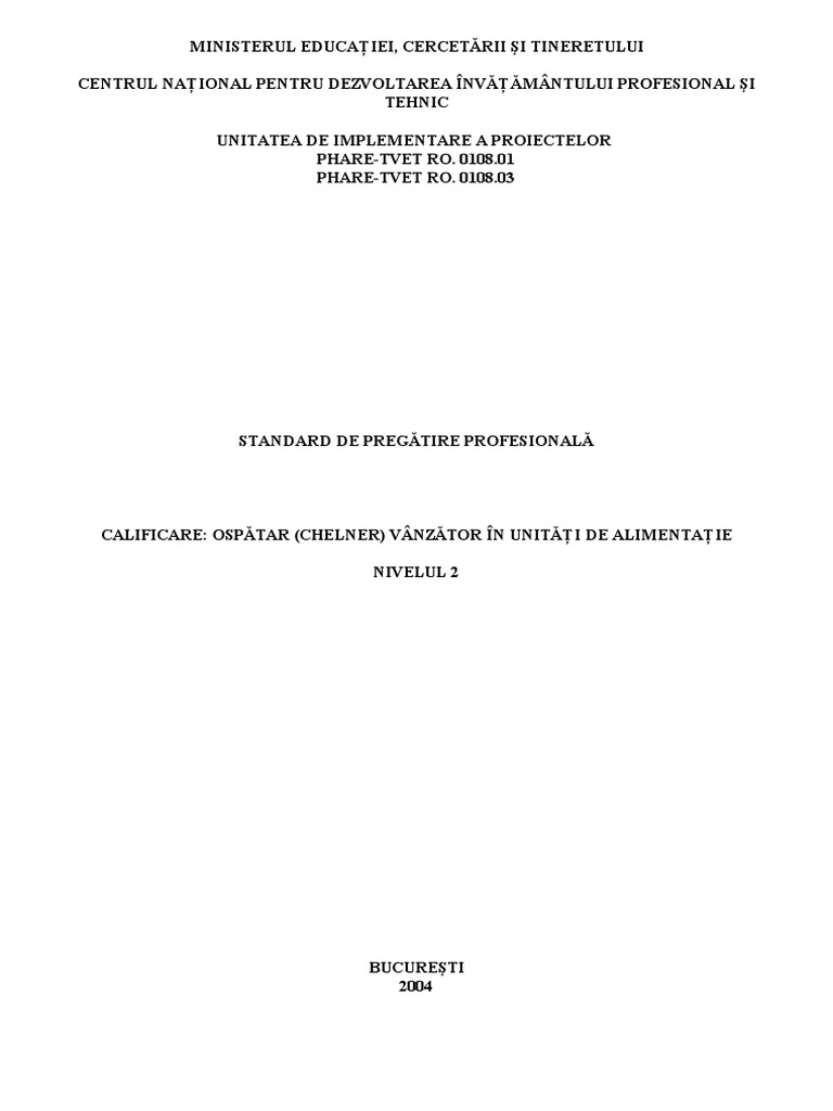 Ospatar (Chelner) Vanzator in Unitati de Alimentatie | PDF