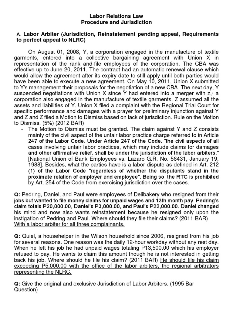 Labor Relations Bar Questions | PDF | Arbitration | Labour Law