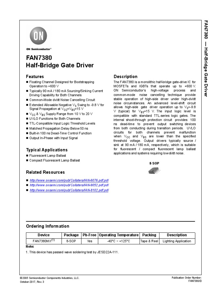 FAN7380 Half-Bridge Gate Driver: Features Description | Download Free ...