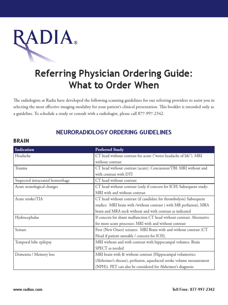 Referring Physician Ordering Guide: What To Order When | PDF | Medical ...