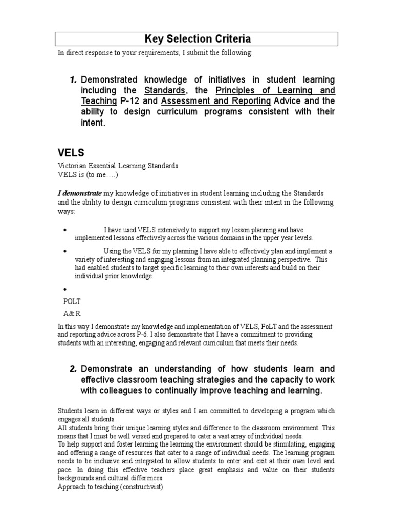Keyselection Criteria Sample | PDF | Teachers | Educational Assessment