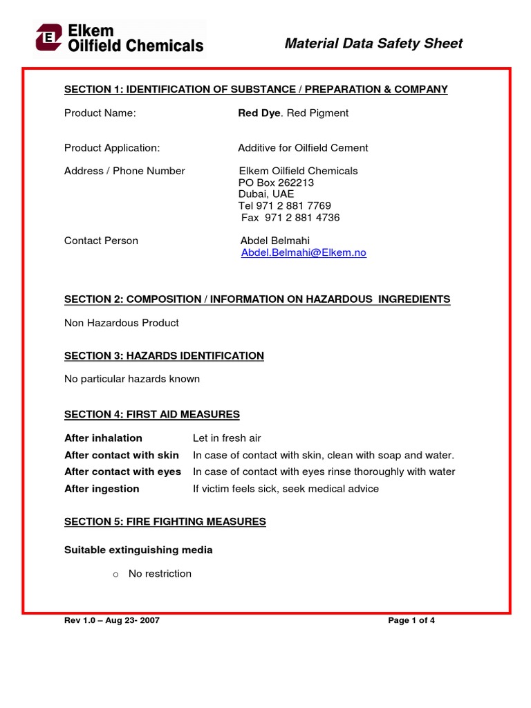 Red Dye Msds | Chemistry | Safety